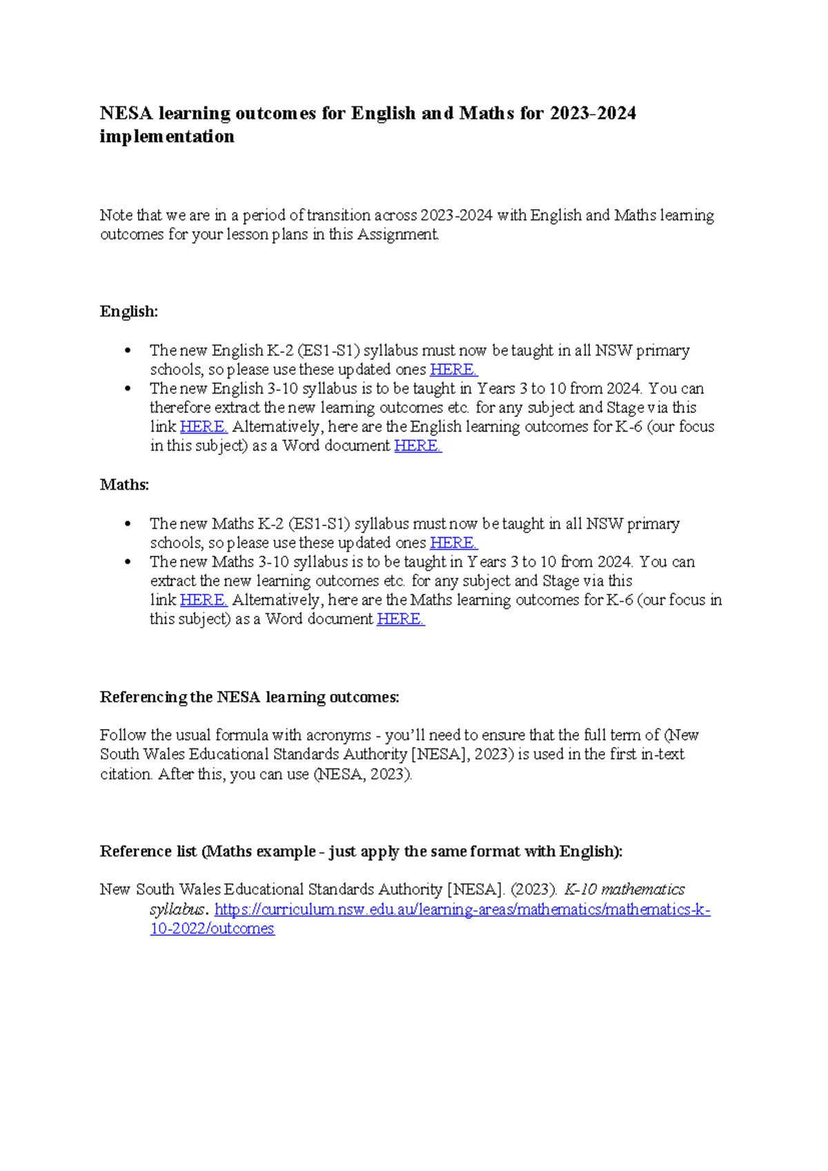 NESA learning outcomes for English and Maths for 2023-2024 ...