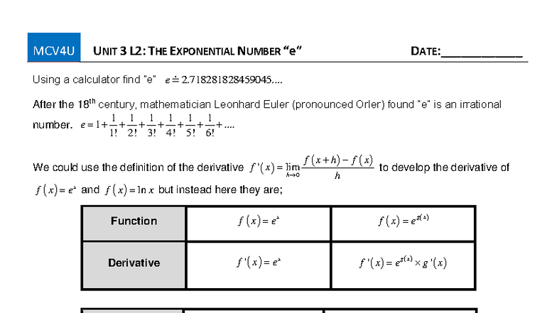 MCV4U Unit 3 L2: Derivatives of e and ln Functions Handout - Studocu