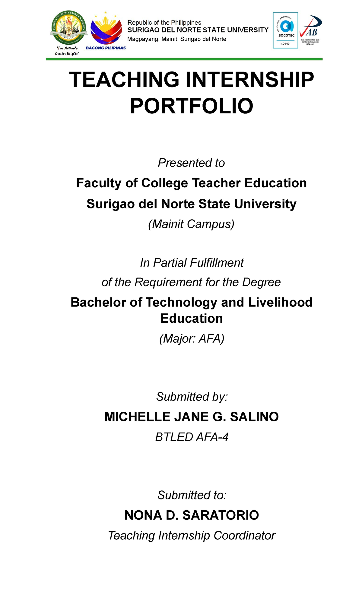 Teaching Internship Portfolio for BTLED AFA Degree Requirements - Studocu