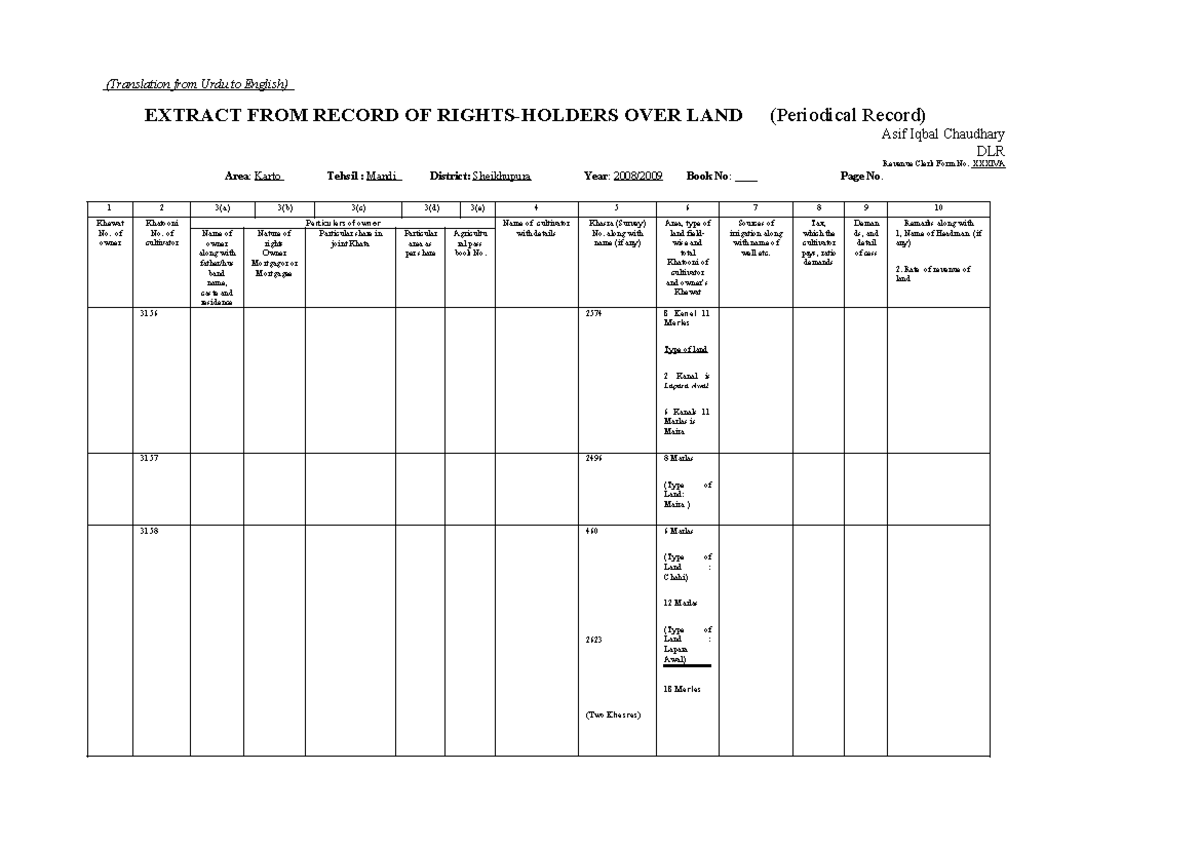 FARD DLR Translation Format - Extract from Land Rights Record - Studocu