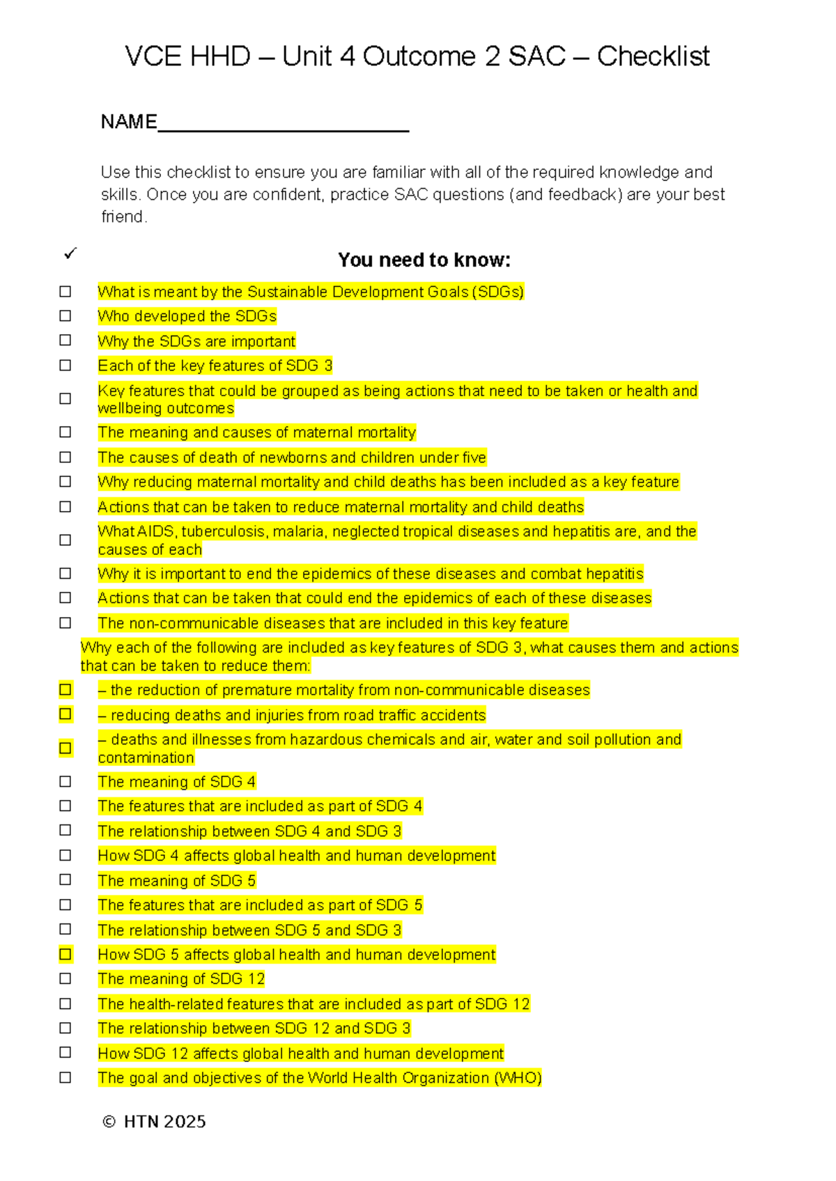 VCE HHD Unit 4 Outcome 2 SAC Checklist for SDGs and Health - Studocu