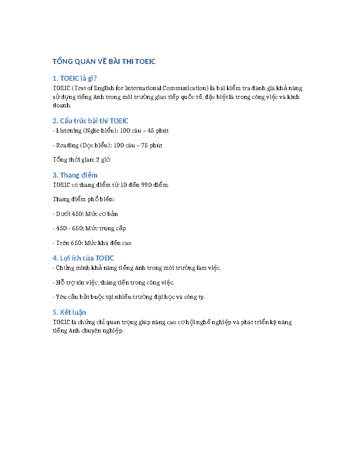 Tổng Quan Về Bài Thi TOEIC: Cấu Trúc, Điểm Số & Lợi Ích - Studocu