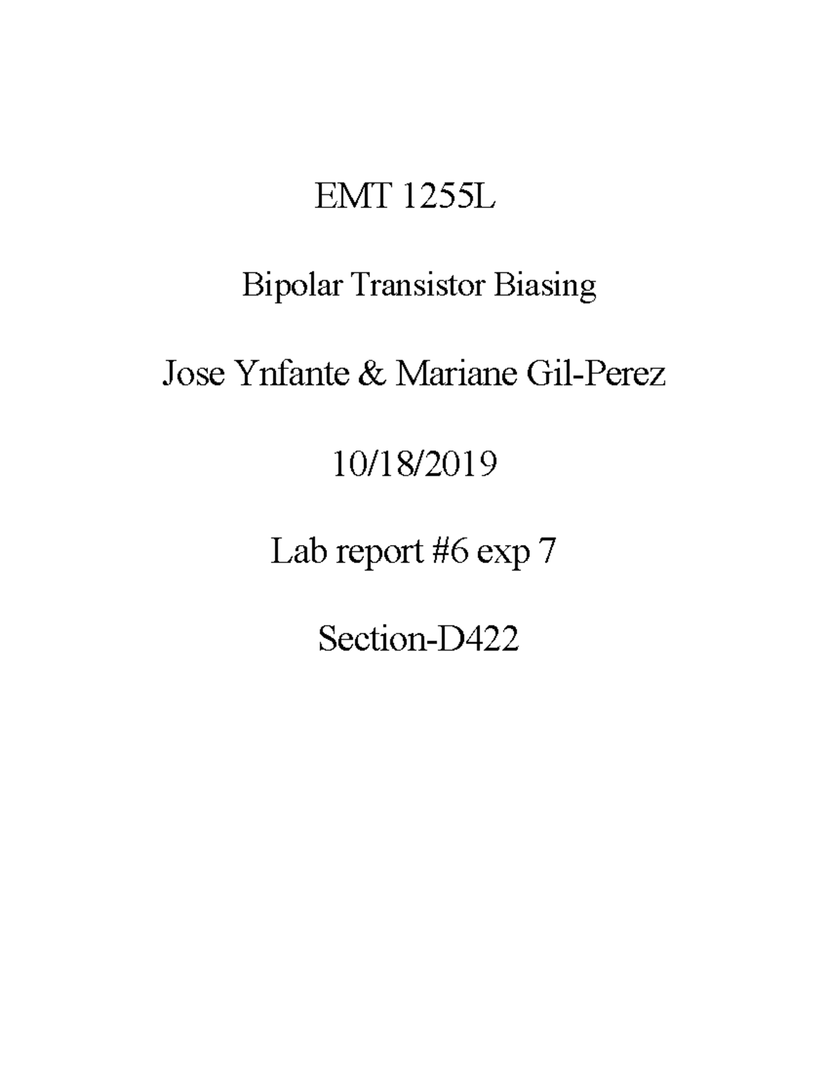 Lab 6 exp 7 1255 - lab report - EMT 1255L Bipolar Transistor Biasing ...