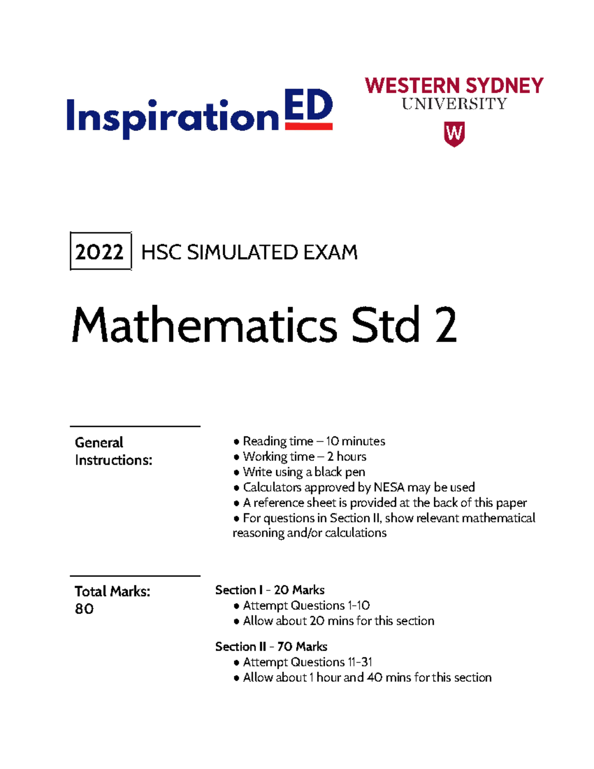 Mathematics Std 2 HSC Simulated Exam Practice 2022 - Studocu
