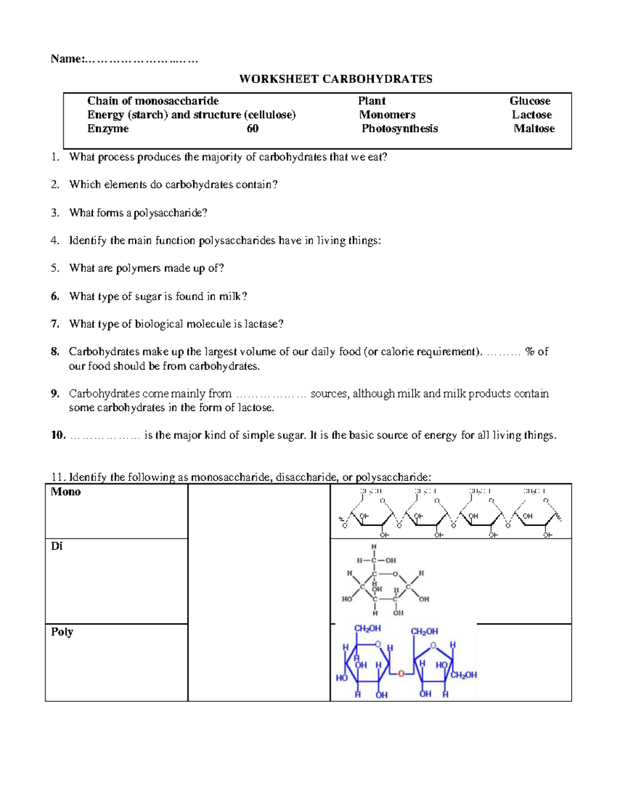 Carbohydrates Worksheet: Key Concepts & Functions in Biology - Studocu
