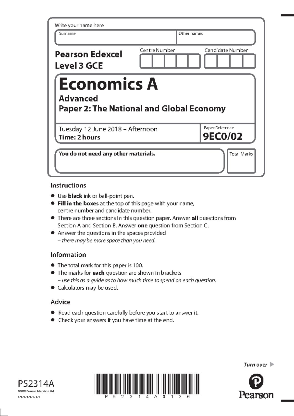 Economics A Level 3 GCE Paper 2: The National & Global Economy (2018 ...