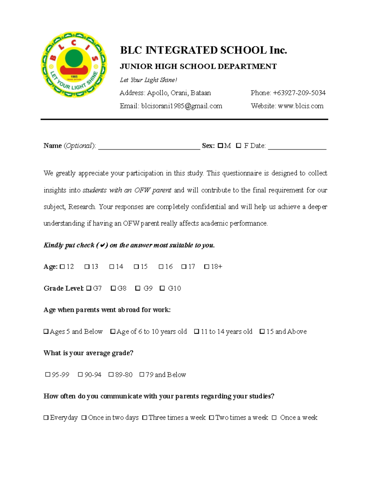 Research-Questionnaire - BLC INTEGRATED SCHOOL Inc. JUNIOR HIGH SCHOOL ...