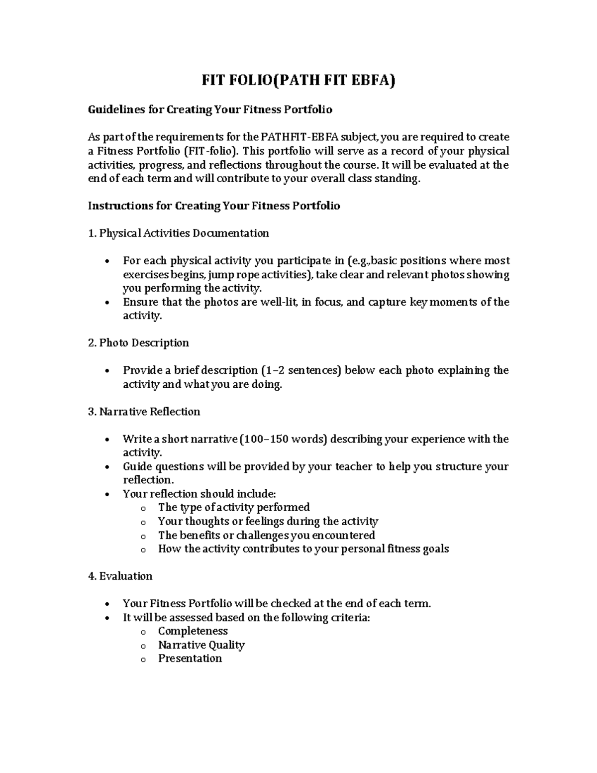 FIT FOLIO (PATH FIT EBFA) Guidelines for Your Fitness Portfolio - Studocu