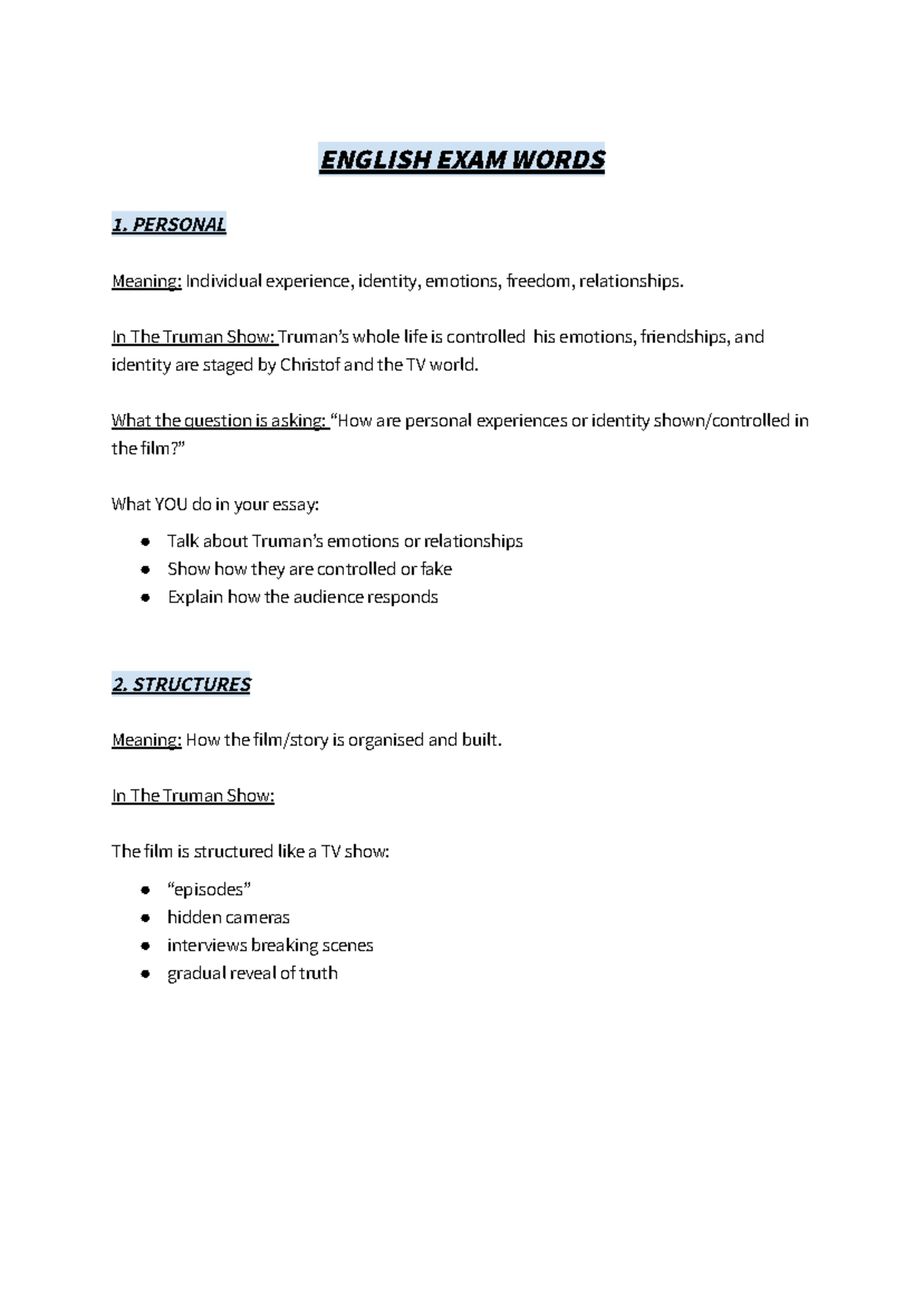 ENGLISH 101: The Truman Show - Exam Notes on Themes & Techniques - Studocu