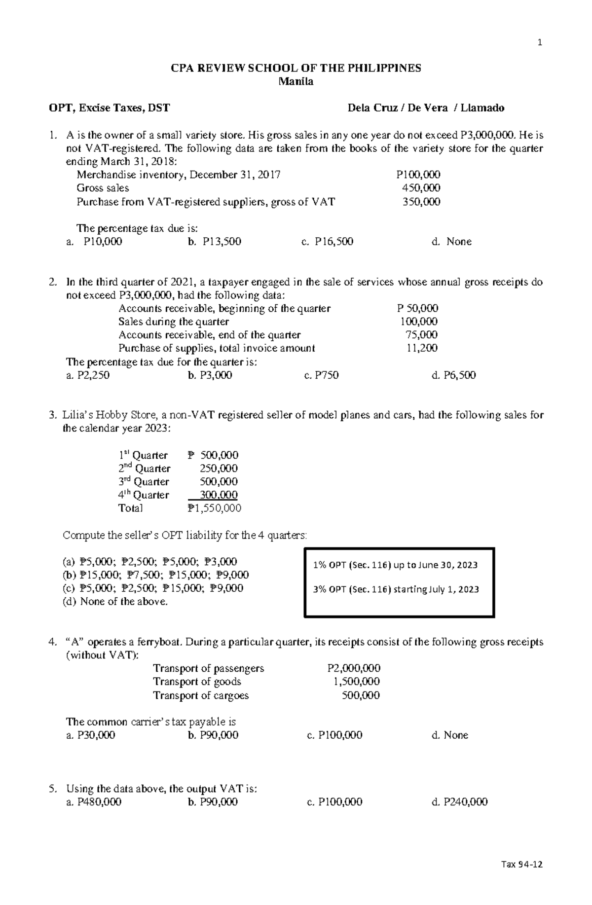 94-12 OPT & Excise Tax Questionnaire: Comprehensive Review Questions - Studocu