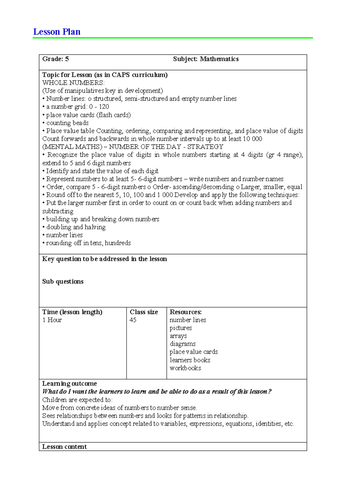 Grade 5 Math Lesson Plan: Whole Numbers & Multiplication Techniques ...