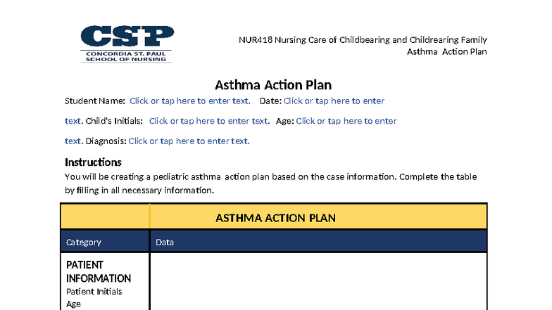 NUR418 Pediatric Asthma Action Plan Template - Studocu