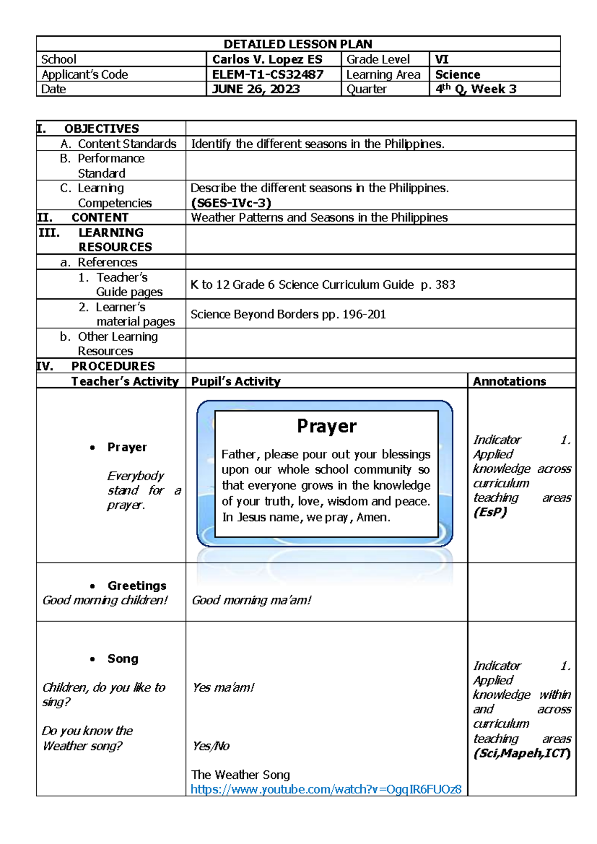 Detailed Lesson Plan on Weather Patterns - Science ELEM-T1-CS32487 ...