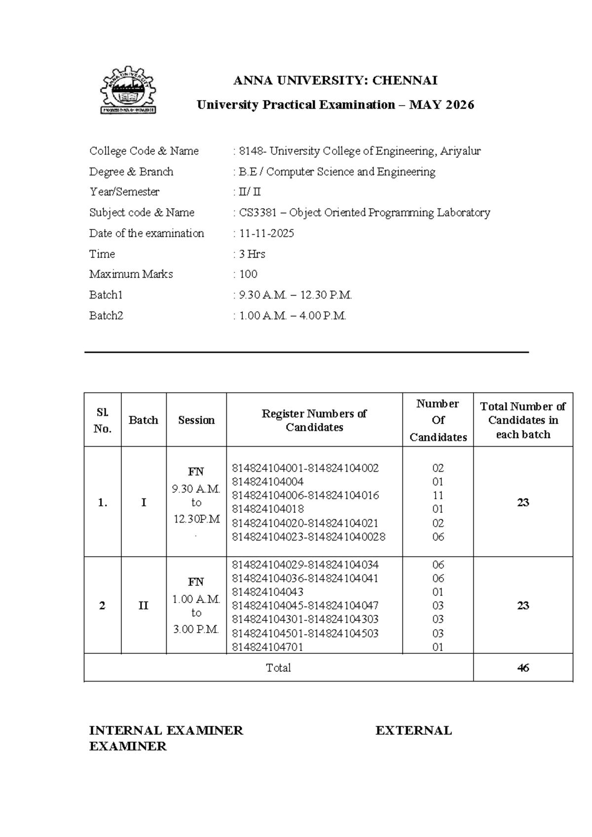 AIML NS DSF Lab Schedule for Practical Examination May 2026 - Studocu