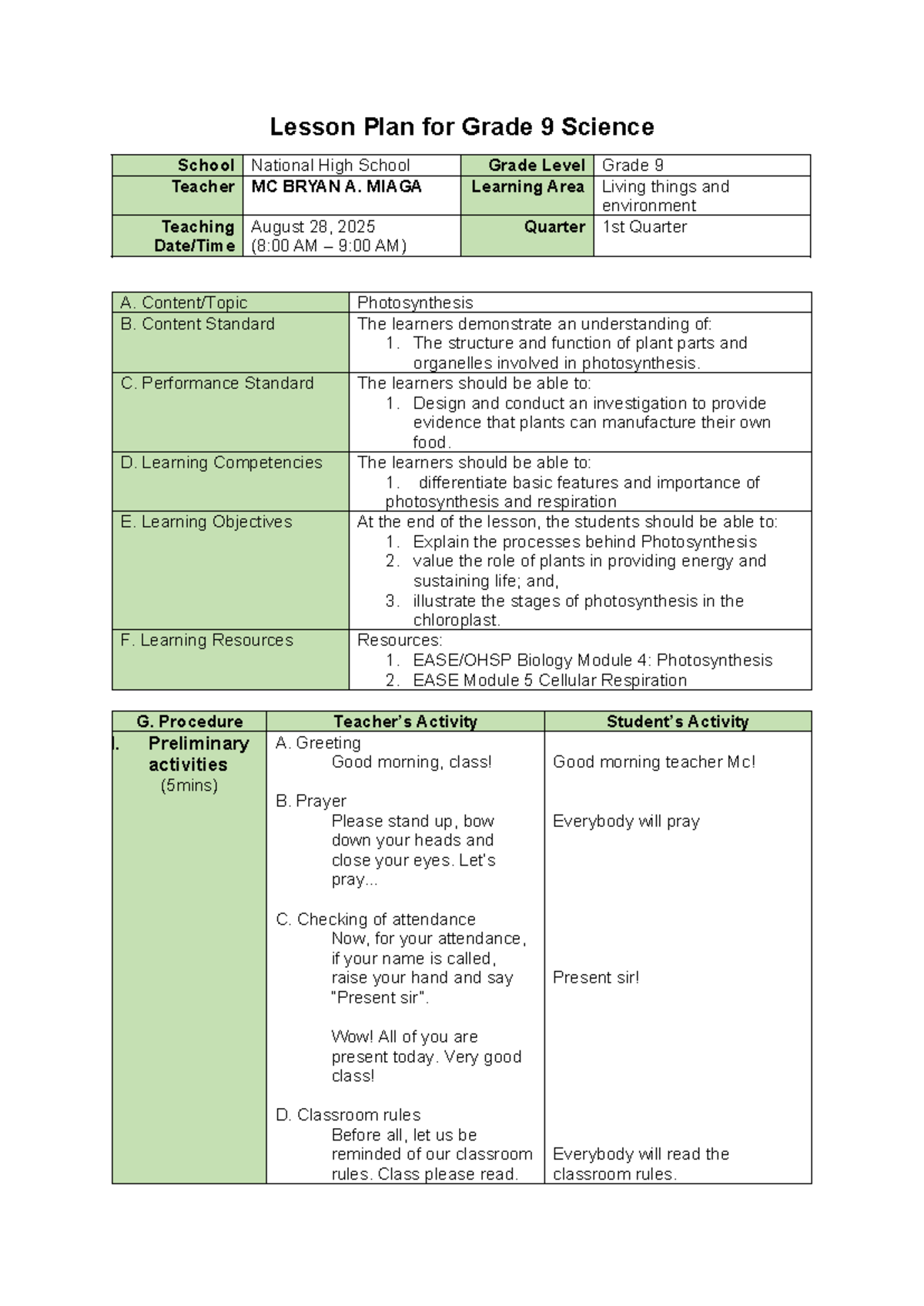 Grade 9 Science Lesson Plan: Understanding Photosynthesis - Studocu