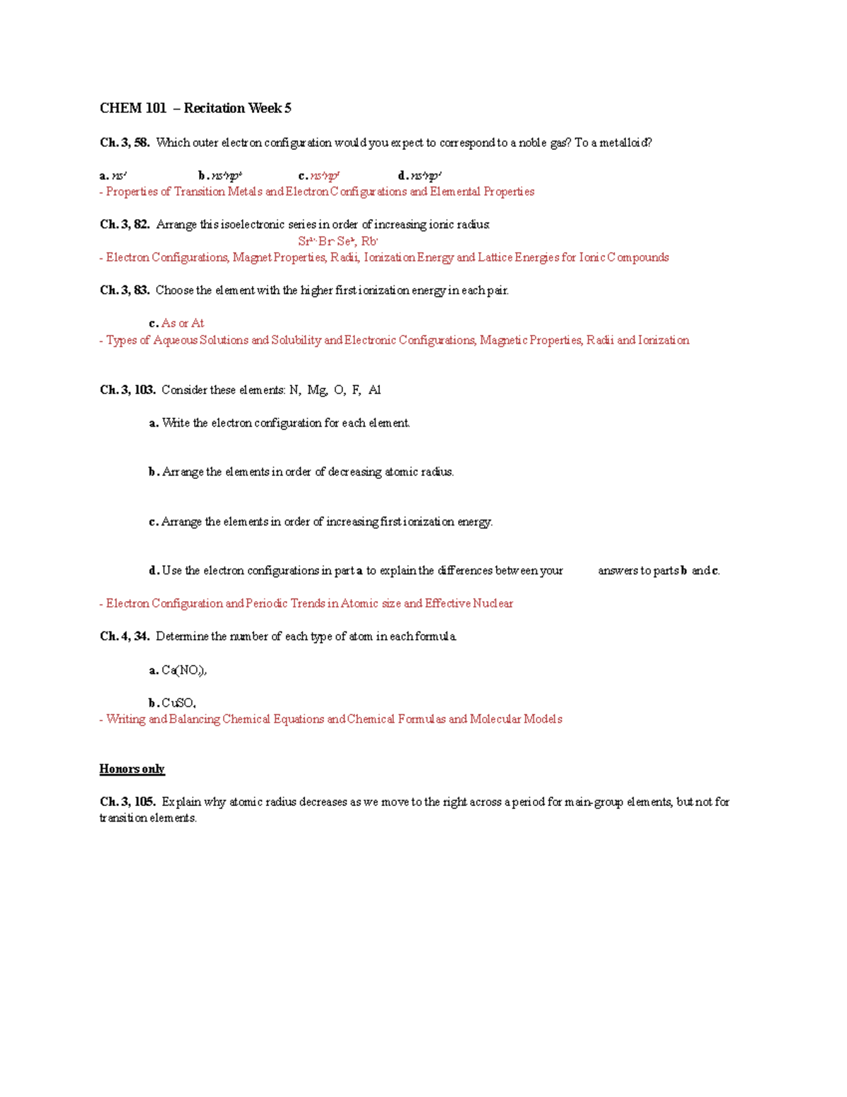 Chem Pre-Recitation Week 5 - Google Docs - CHEM 101 – Recitation Week 5 Ch. 3, 58. Which outer ...