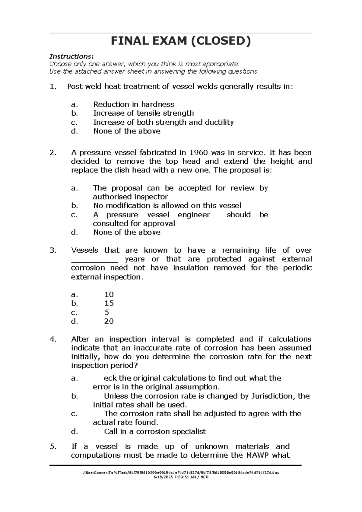 API 510 PC Final Exam (CLOSED) - Comprehensive Review Questions - Studocu