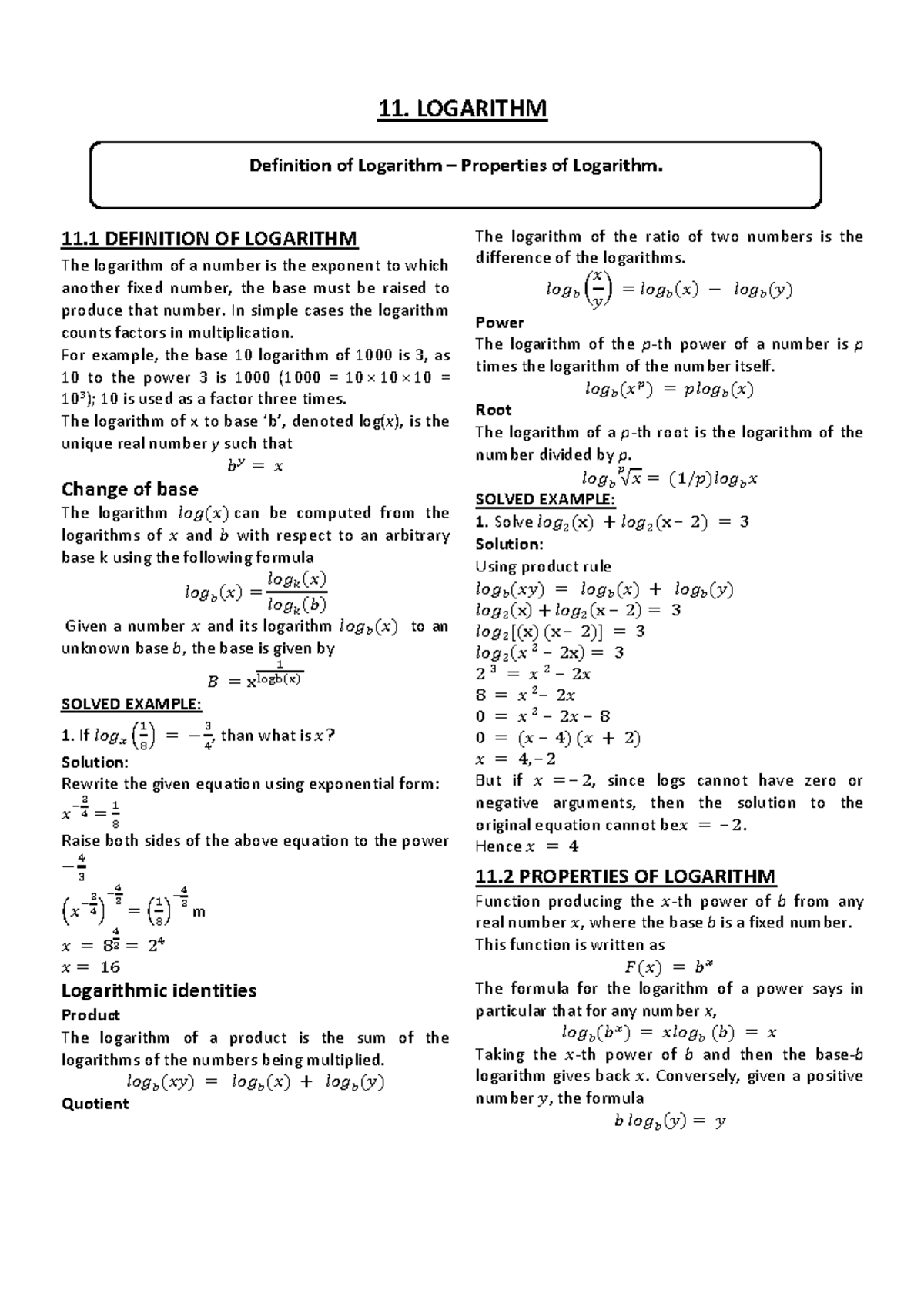Logarithm 11 - Definition, Properties & Practice Set - Studocu