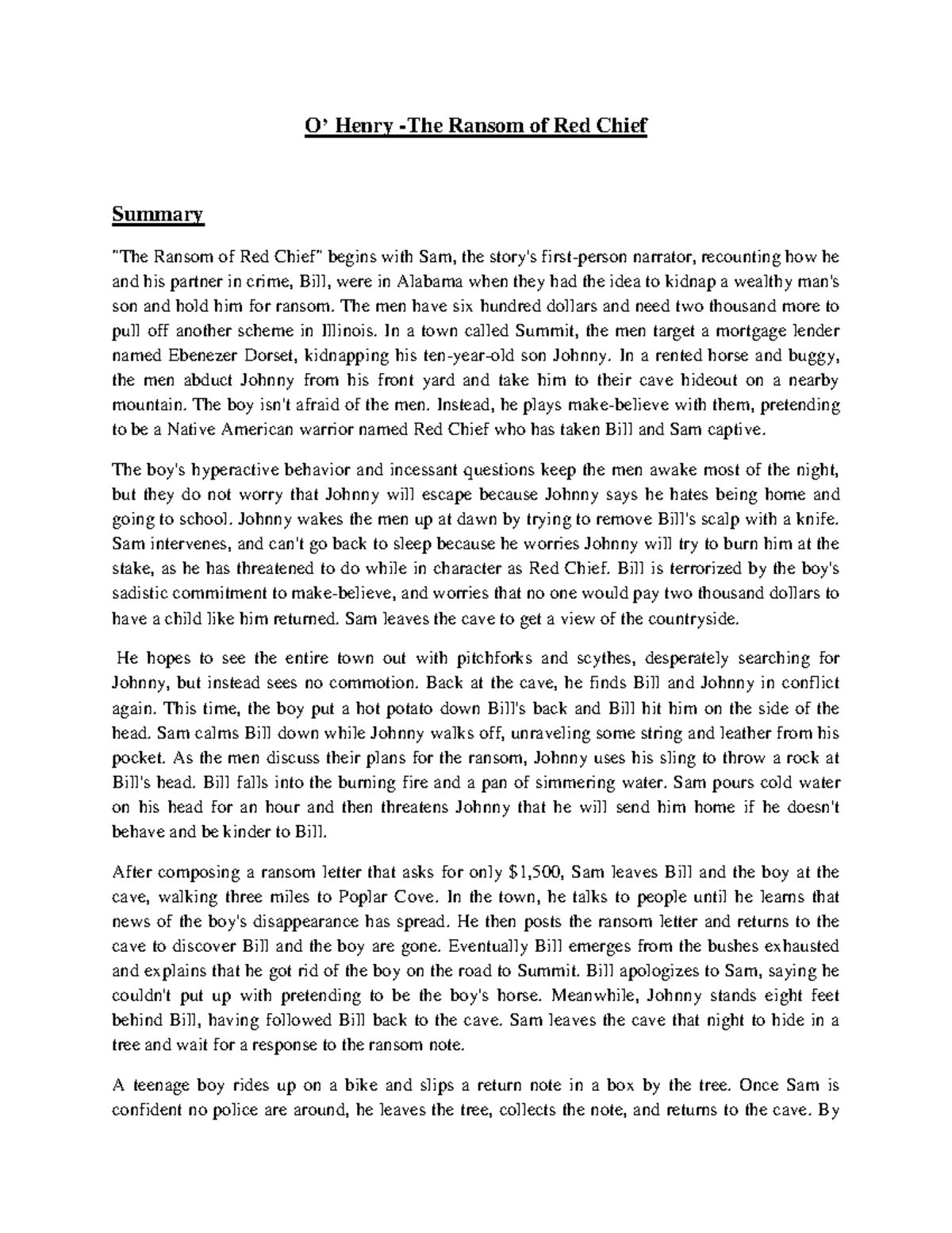 Analysis and Themes of "The Ransom of Red Chief" (O'Henry) - Studocu