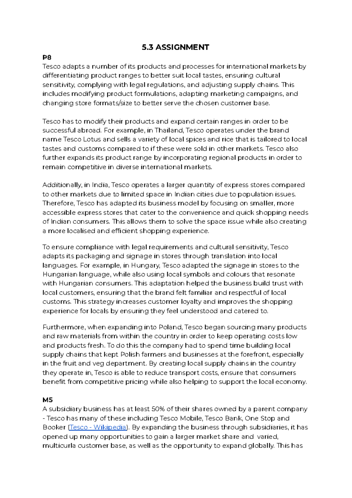 BTEC BUSINESS 5.3 International Business Assignment Analysis - Studocu
