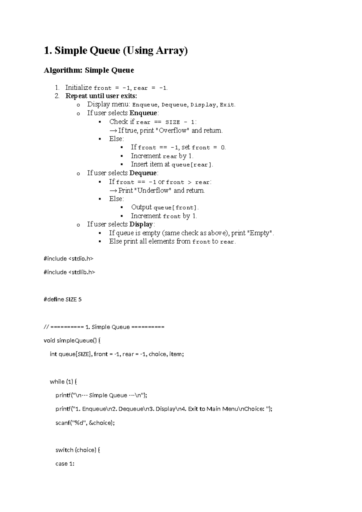 Simple Queue Implementation in C (CS101 Lab) - Studocu