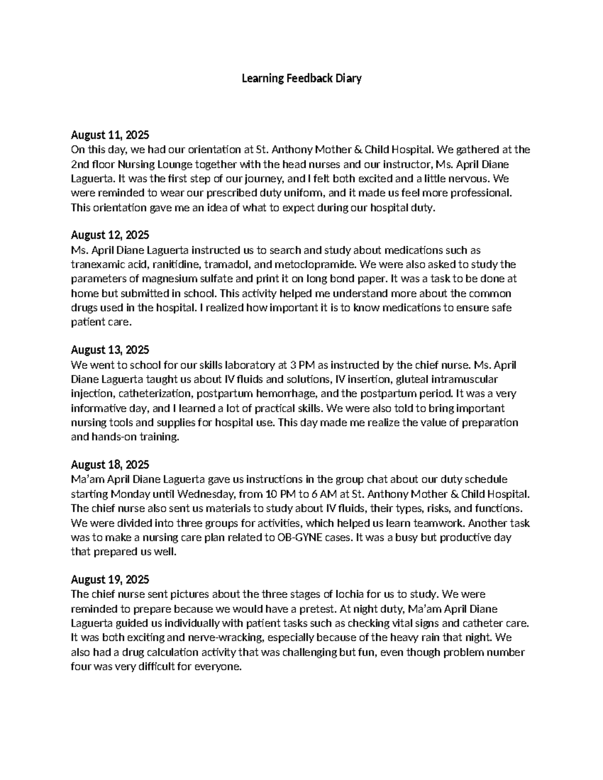 Nursing 101: Learning Feedback Diary - August 2025 - Studocu