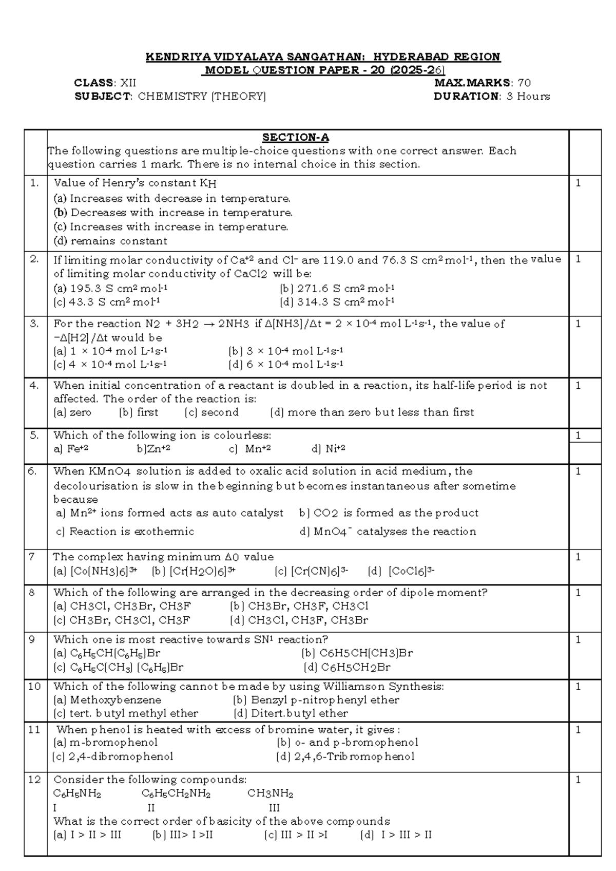39 XII CHEMISTRY MODEL QUESTION PAPER 20 - CLASS XII MAX MARKS 70 - Studocu