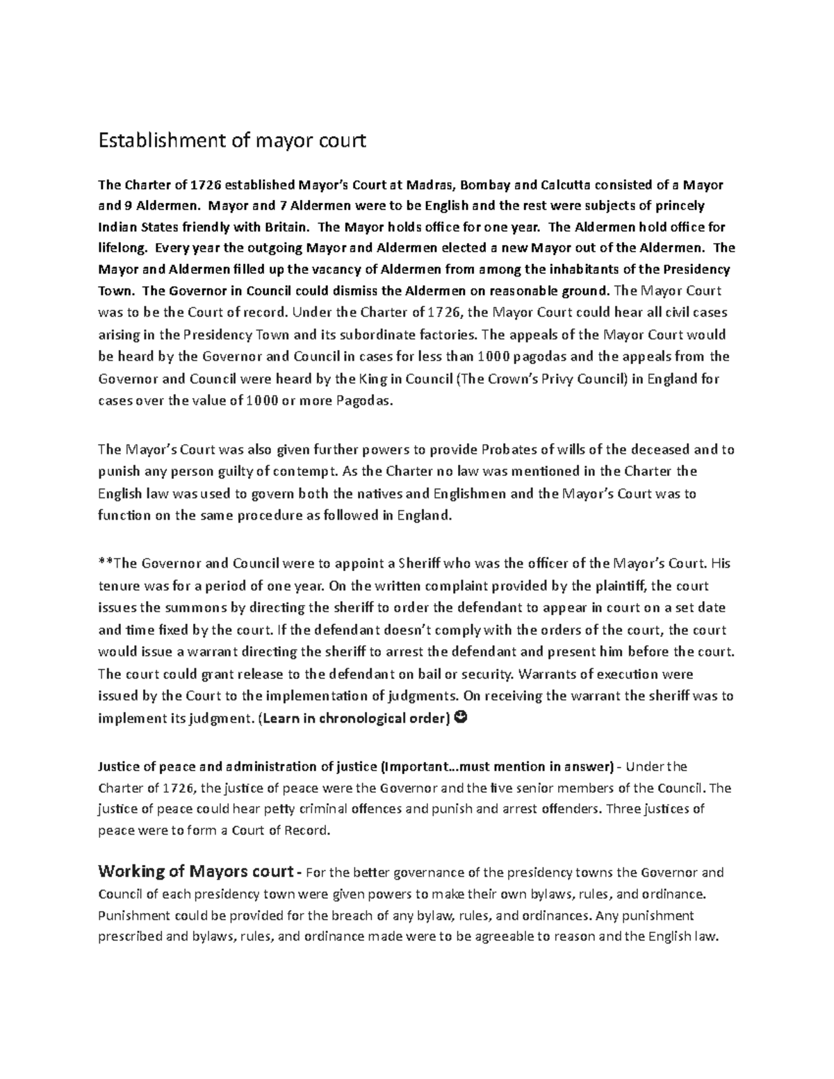 Establishment and working of mayor court - Establishment of mayor court ...
