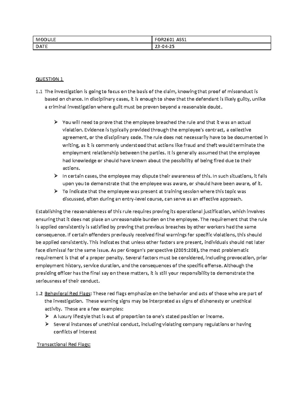 FOR2601 ASS1: Investigating Misconduct and Behavioral Red Flags - Studocu