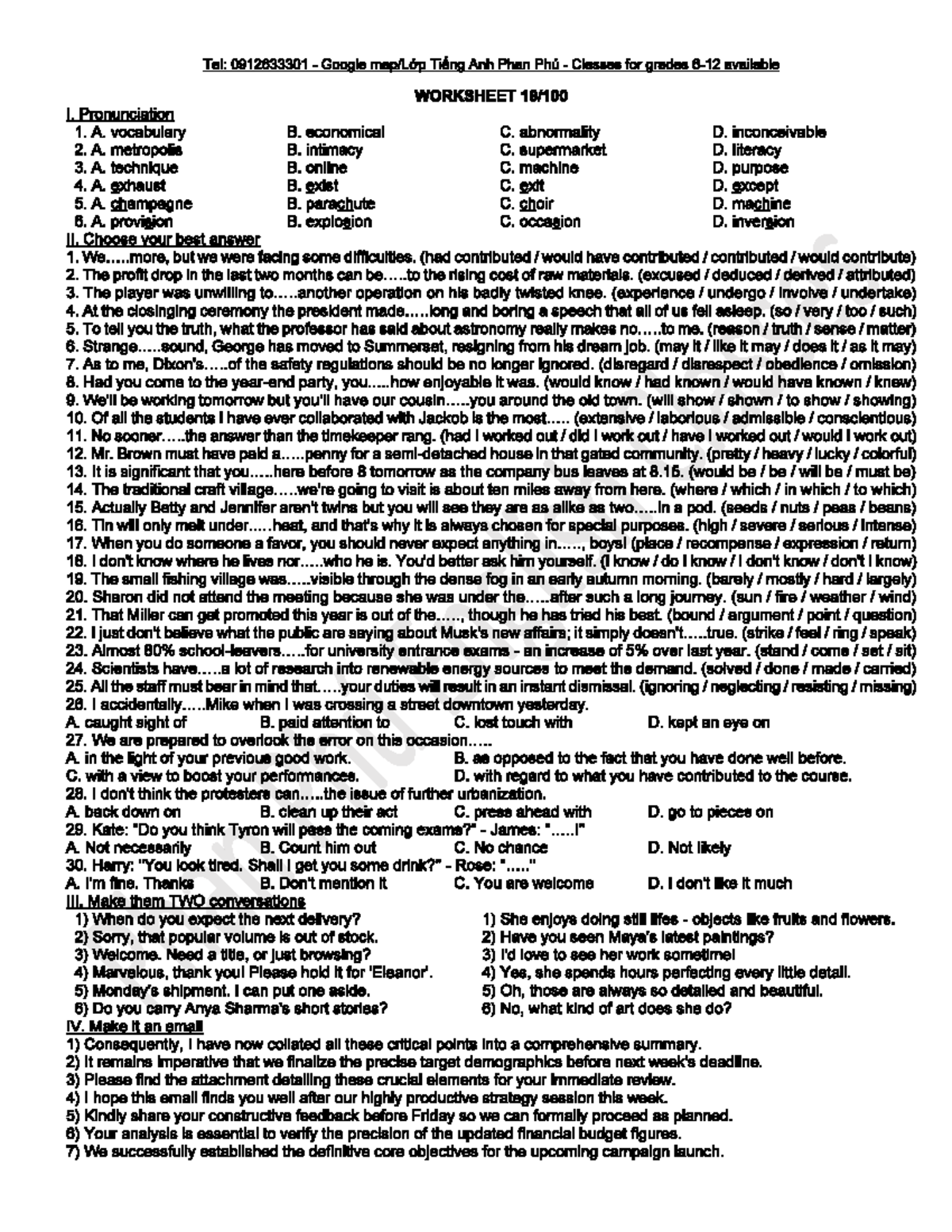 Worksheet 19: Google Tiéng Anh Phan Phu Class - Pronunciation ...