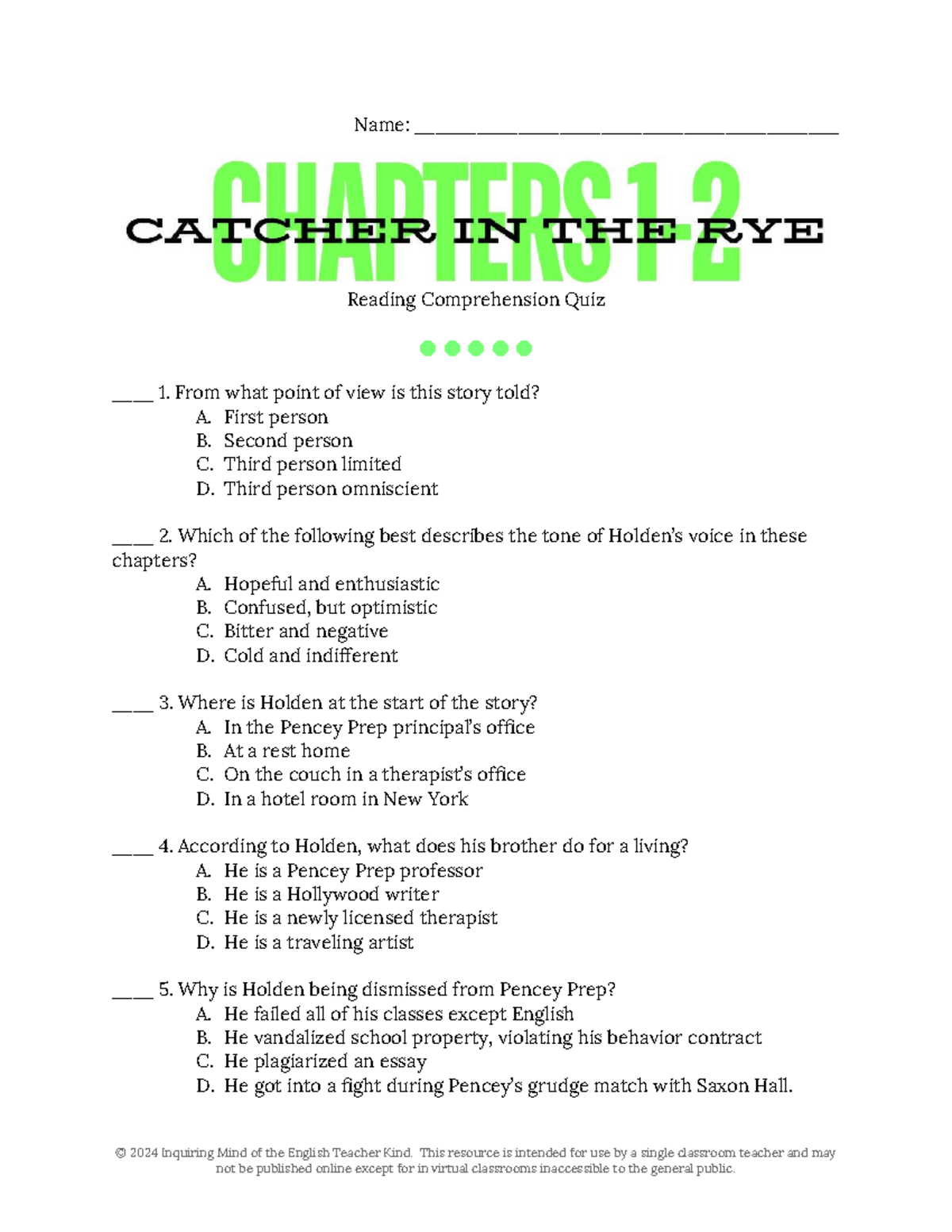 Catcher in the Rye Chs. 1-2 Quiz (ENG 101) - Studocu
