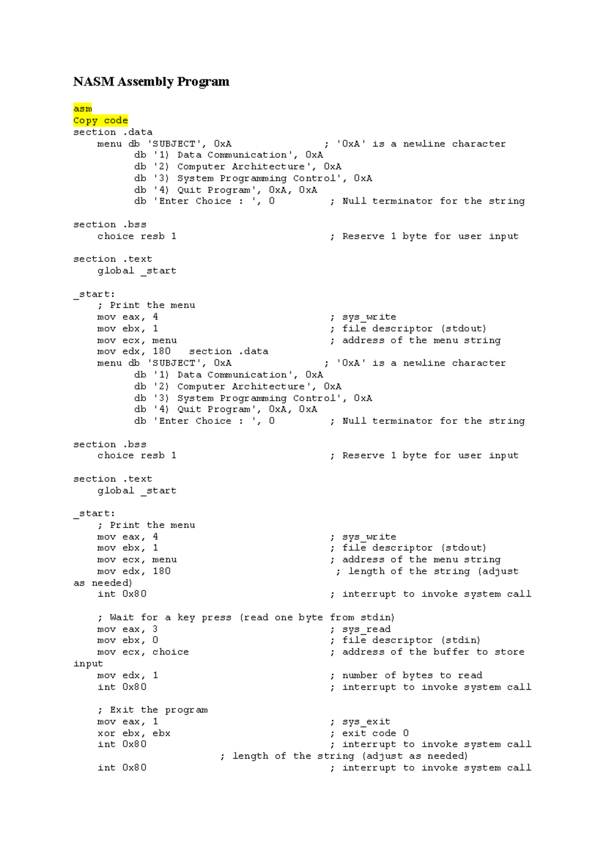 T6 NASM Assembly Final Exam: Menu Printing Program - Studocu