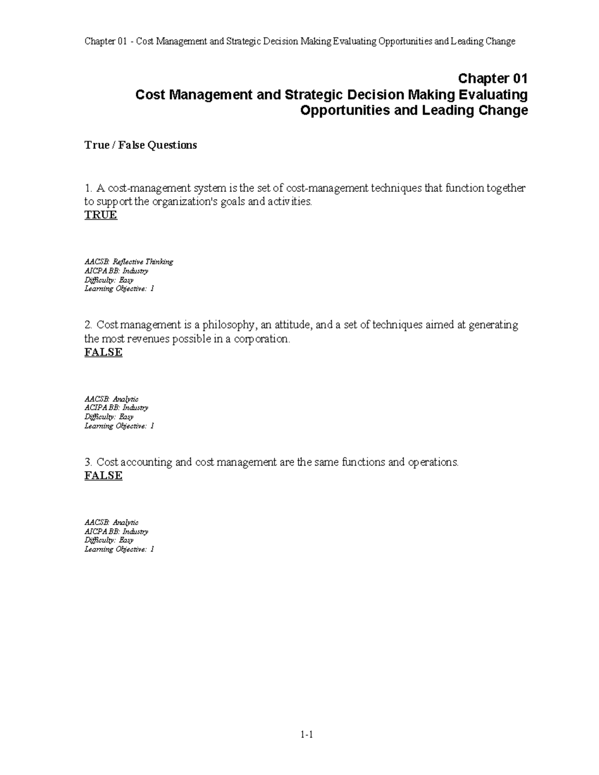 Cost Accounting Test Bank: Chapter 1 - Cost Management Principles - Studocu