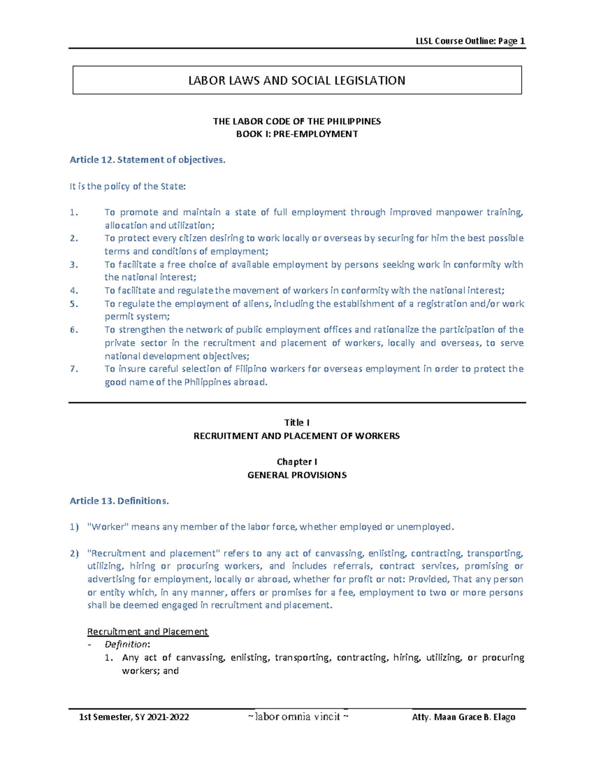 Labor Code of the Philippines - Book I: Pre-employment (Title I, Ch. 1 ...