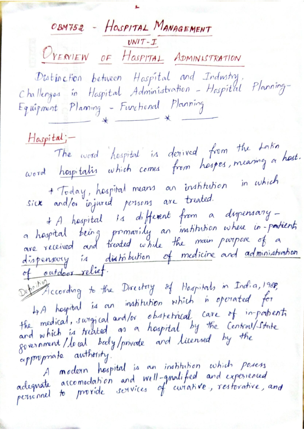 OBM752 Hospital Management: Lecture Notes on Administration Basics ...