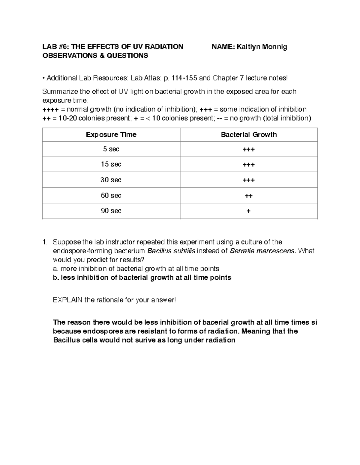 LAB 6 - Effects of UV Radiation on Bacterial Growth Observations - Studocu
