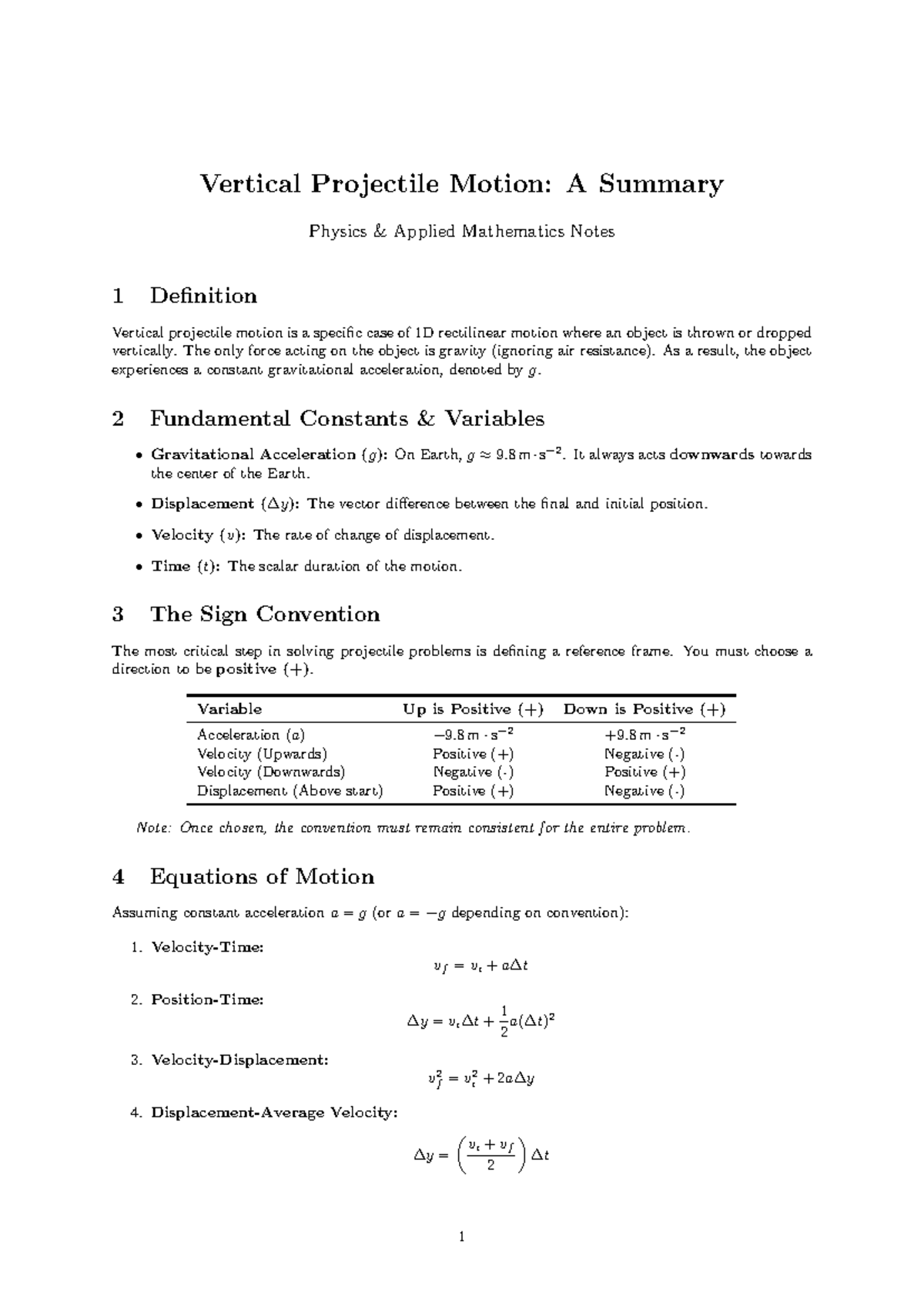 Vertical Projectile Motion: Physics Applied Math Notes - Studocu
