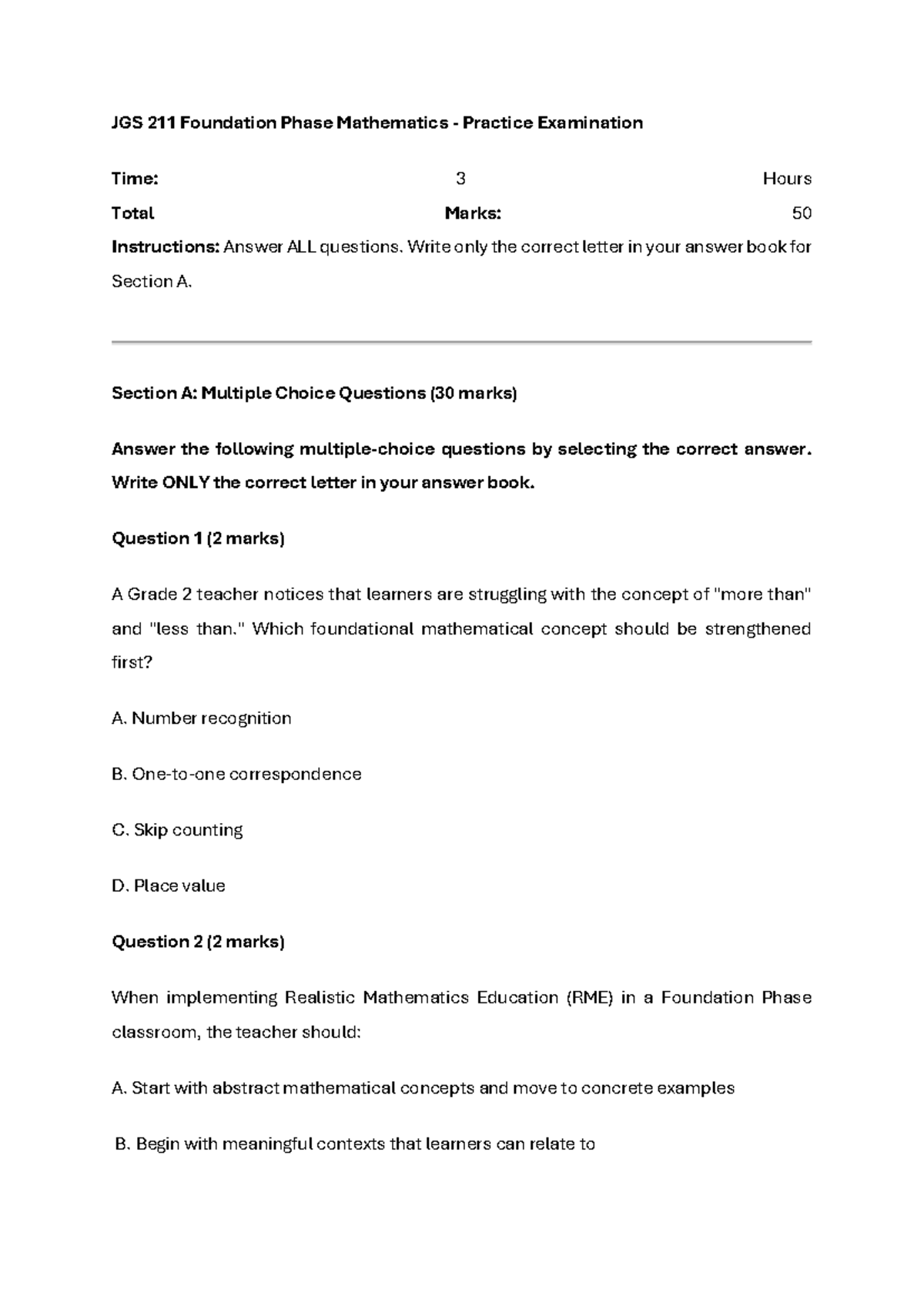 JGS 211 Foundation Phase Mathematics Practice Exam Questions & Answers ...