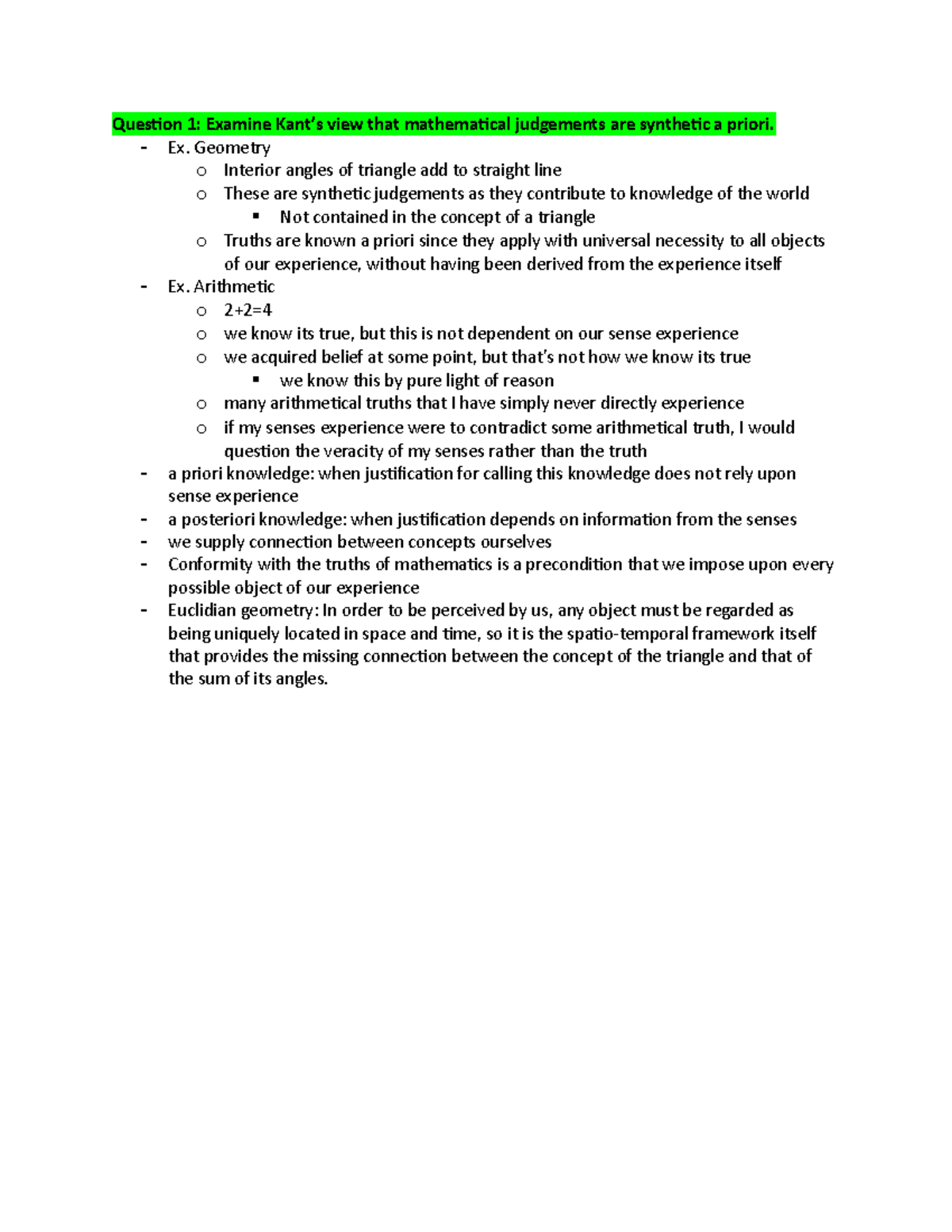 PHIL 335 Exam Point form - Question 1: Examine view that mathematical ...