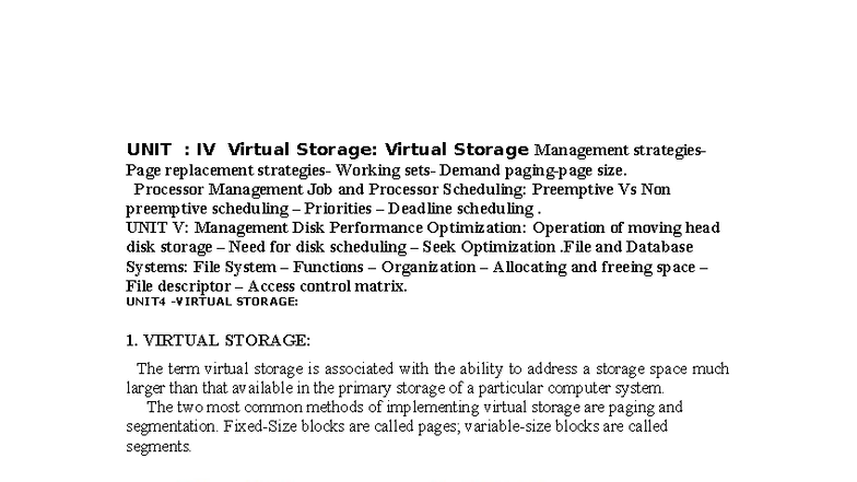 UNIT-4,5 Virtual Storage & Disk Management Strategies Overview - Studocu