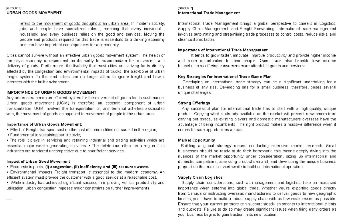 SCM4- Topics-R-6-10-1 - [GROUP 6] URBAN GOODS MOVEMENT refers to the movement of goods ...