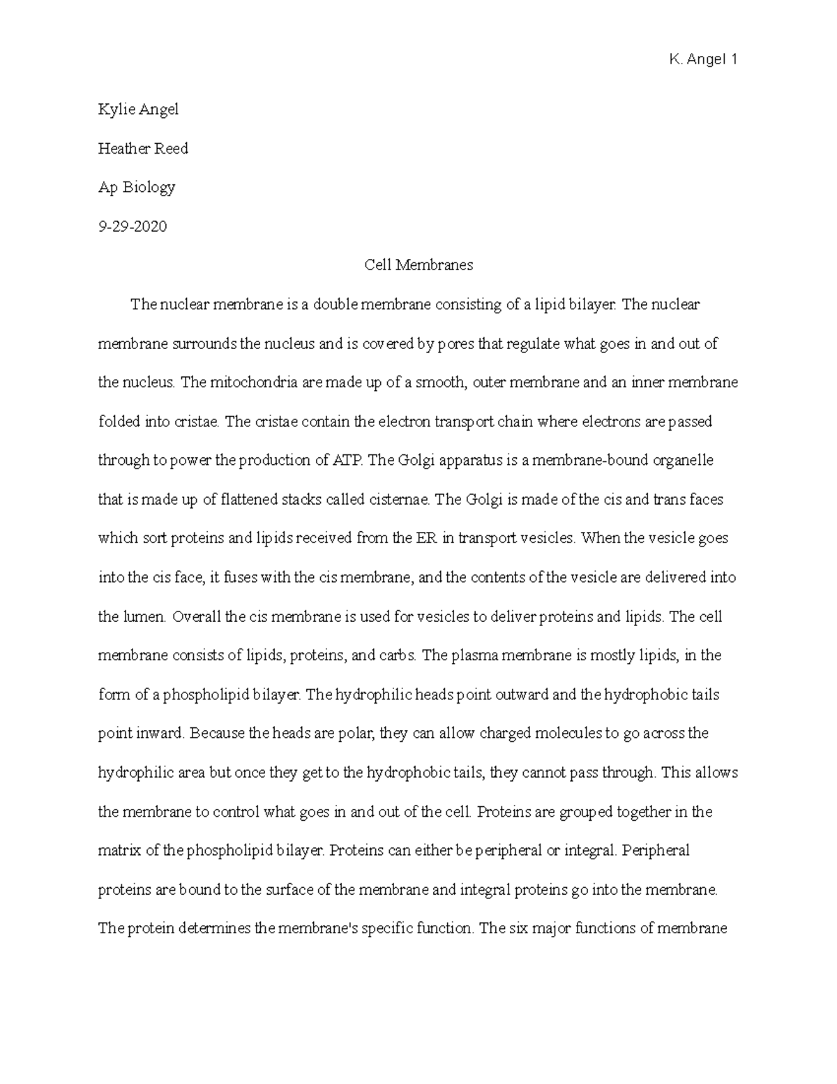 AP Biology: Cell Membranes Essay Overview and Functions - Studocu