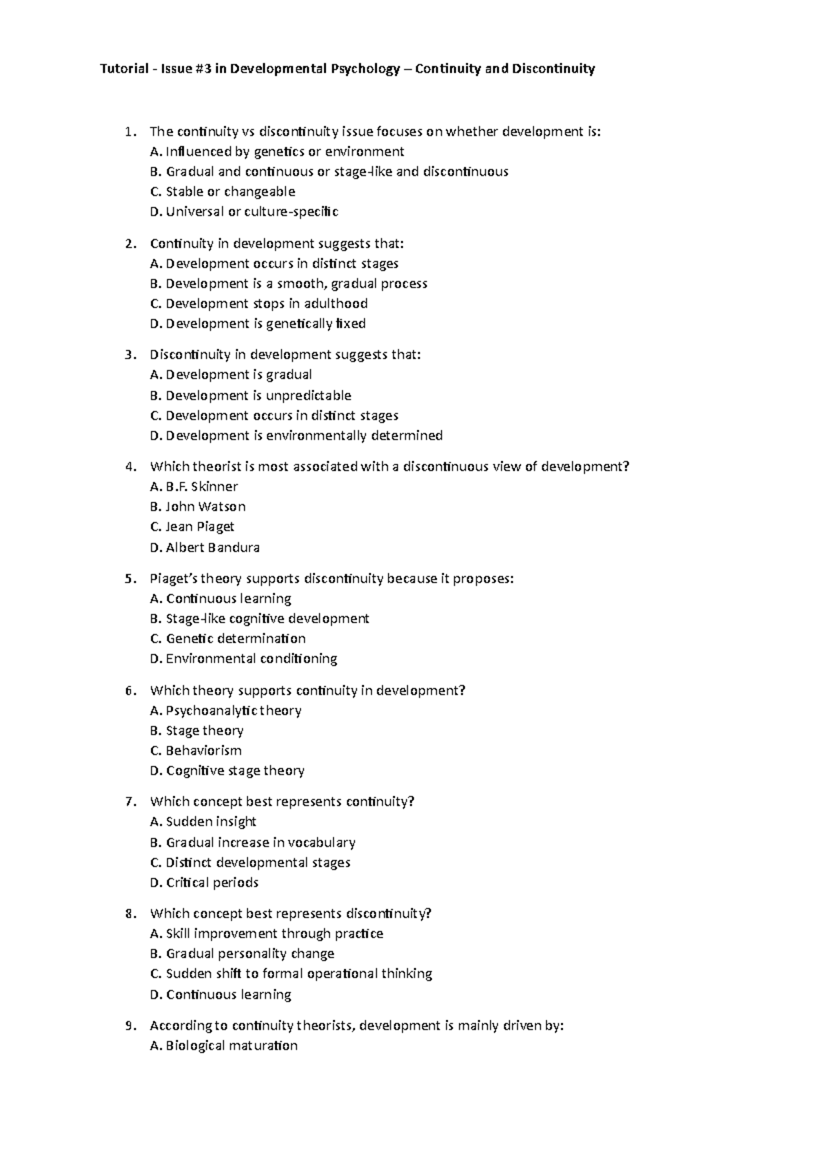 Tutorial No.3: Continuity vs Discontinuity in Developmental Psychology ...