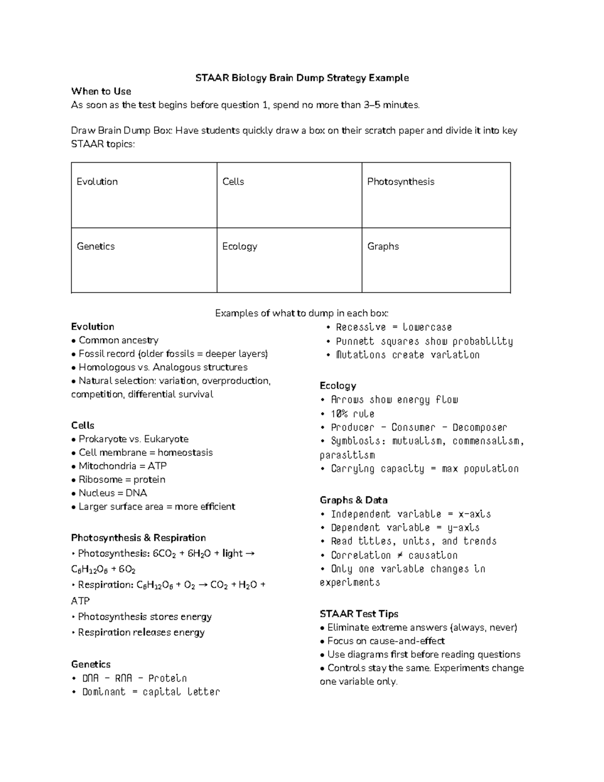 STAAR Biology Brain Dump Strategy: Key Concepts & Tips - Studocu