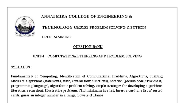 Python Programming Question Bank: Computational Thinking & Problem ...