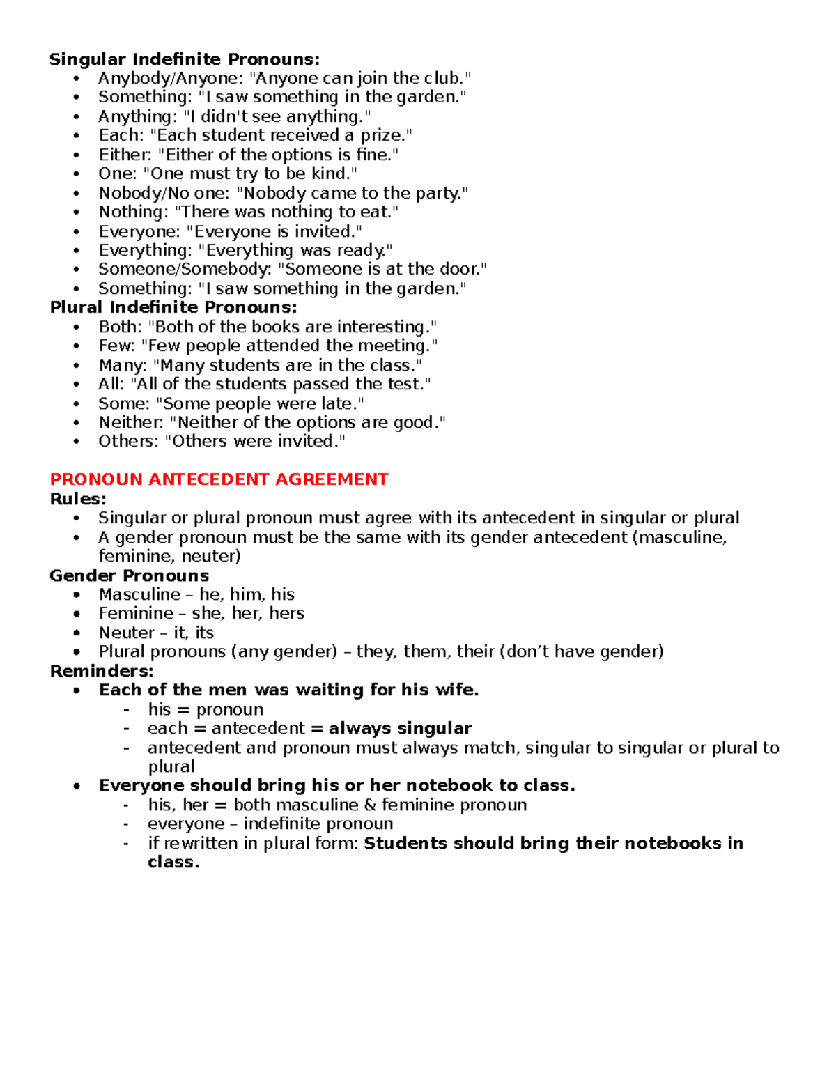 Indefinite Pronouns and Pronoun Agreement Rules: A Study Guide - Studocu