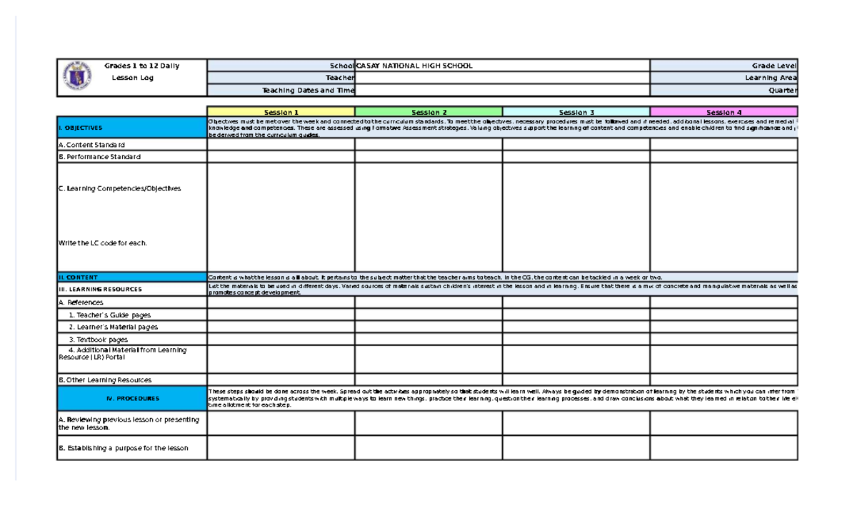 DLL Template - Lesson Log for Grade Level Teaching Strategies - Studocu
