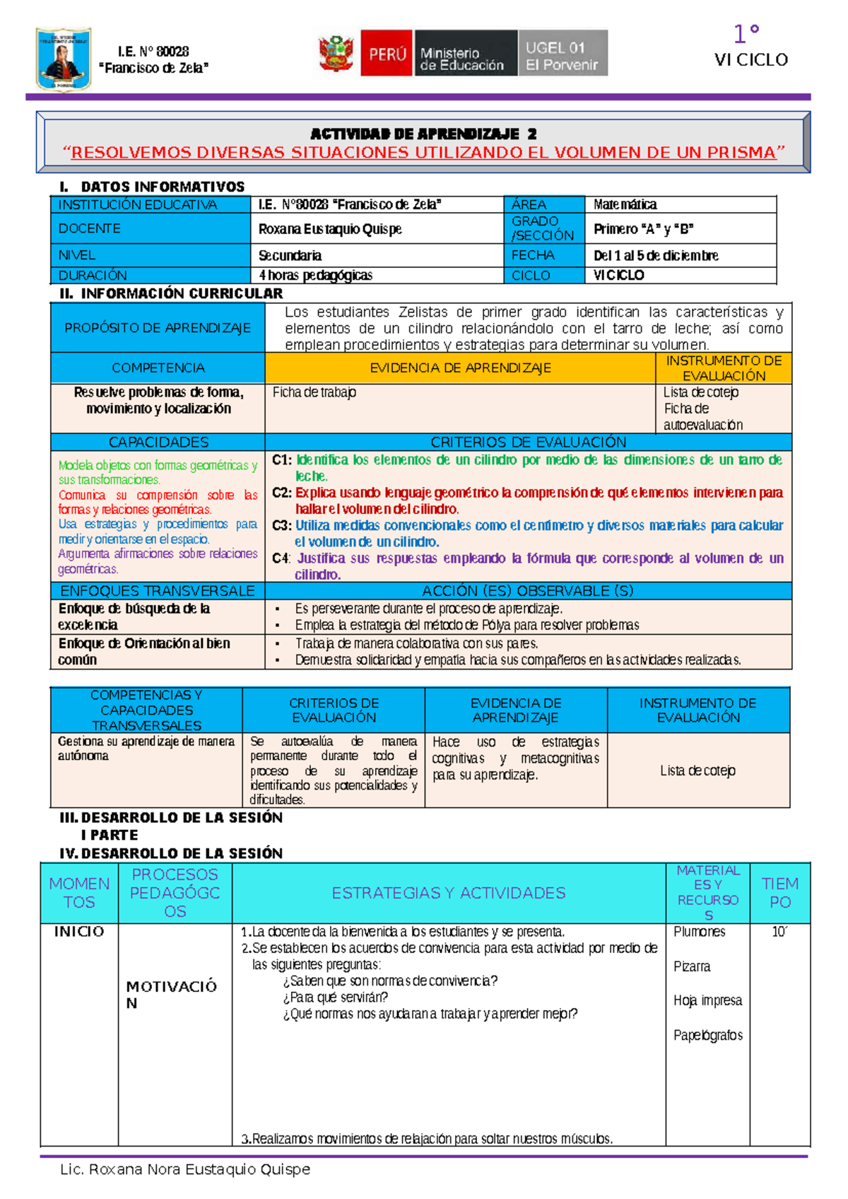 I.E. 80028 VI CICLO: Actividad de Aprendizaje sobre el Volumen del ...