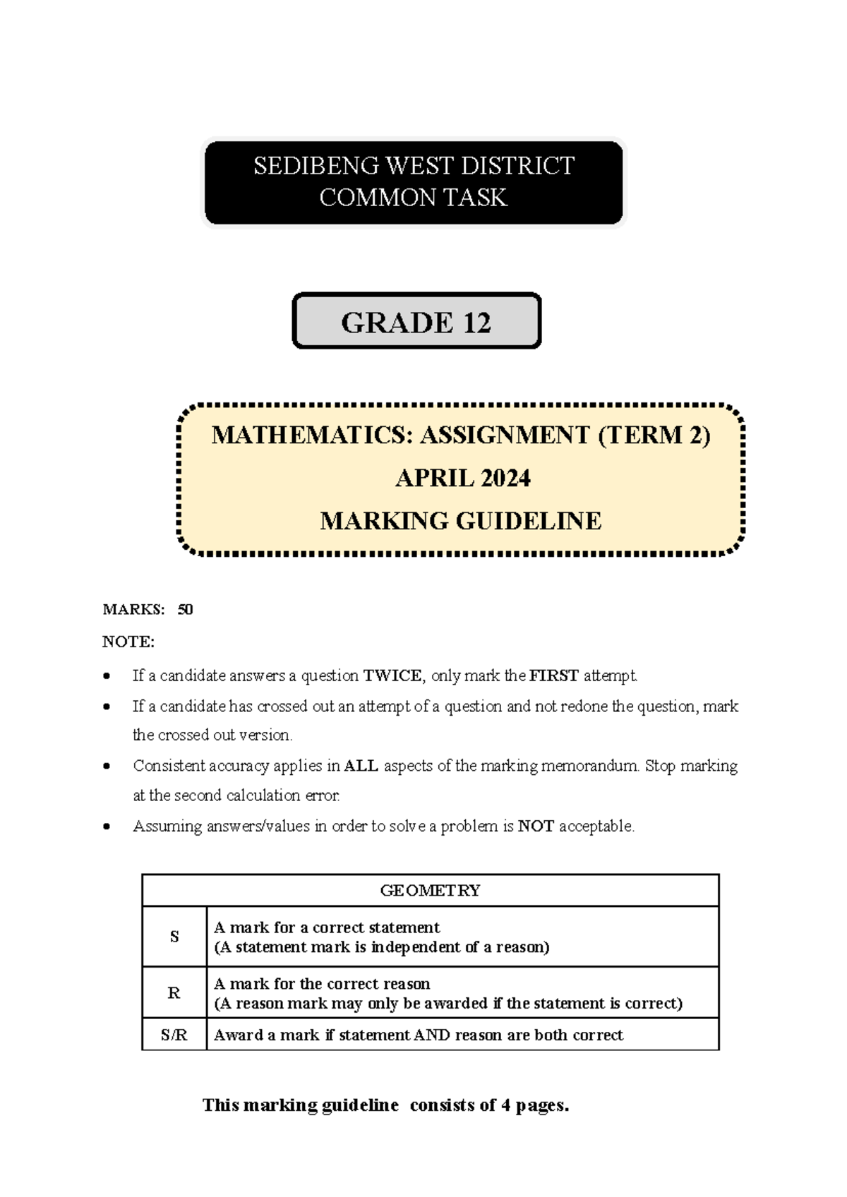 SEDIBENG WEST DISTRICT GRADE 12 MATH ASSIGNMENT (TERM 2) MARKING ...