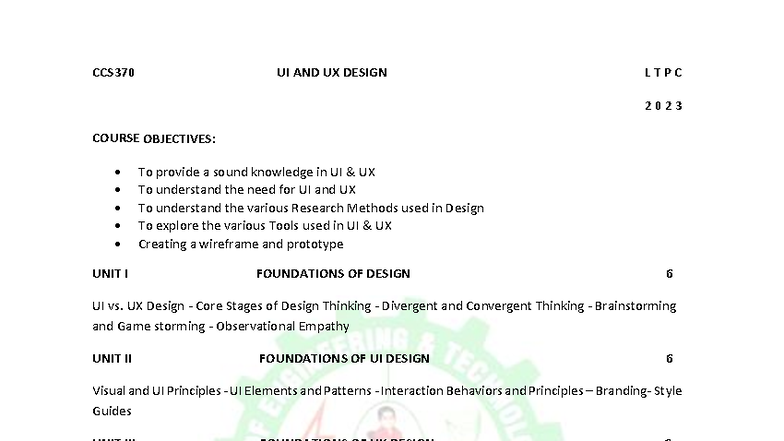 CCS370 UI and UX Design Syllabus Overview for LTPC 2023 - Studocu